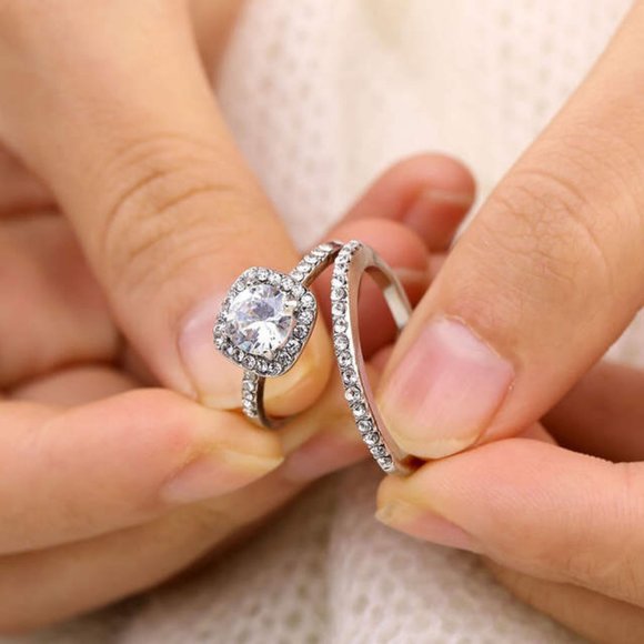 Jewelry | New 925 Sterling Silver Diamond Halo 2p Ring Set | Poshmark